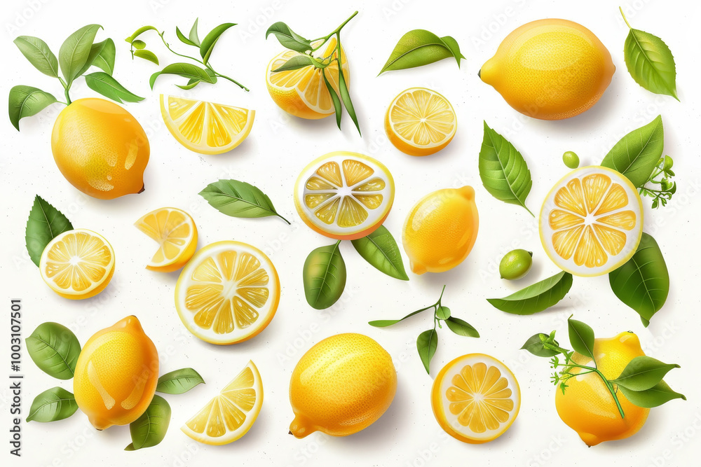 A collection of lemons and their leaves are shown in various stages of ...