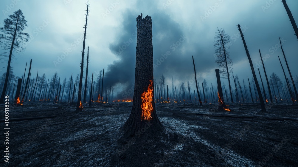 Blackened tree trunks and smoldering earth left in the wake of a ...