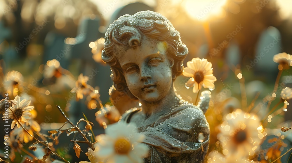 a stone statue of a cherubic child with curly hair, surrounded by a ...
