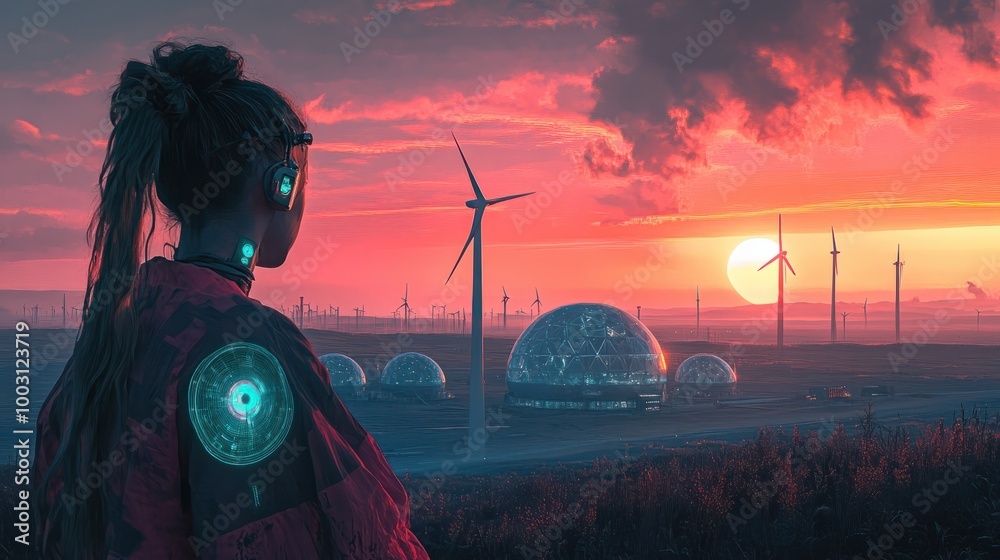 Solarpunk Aesthetics - Woman gazing at a horizon of windmills and ...
