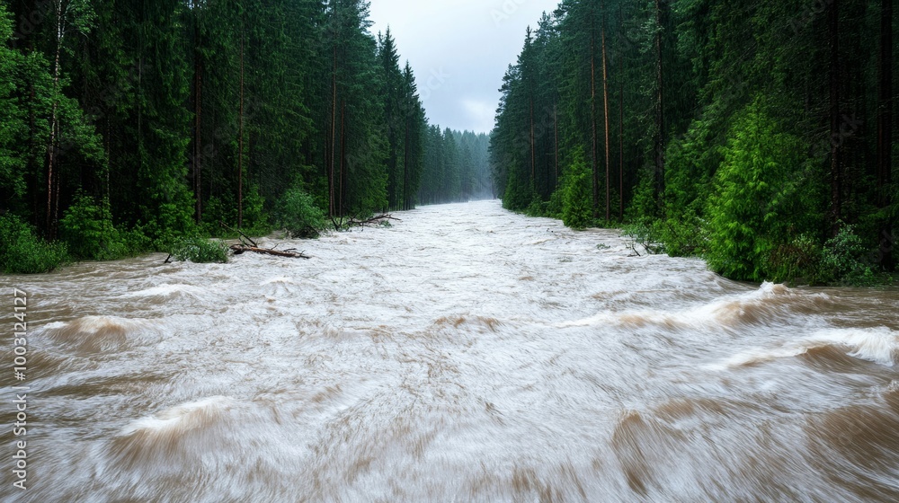 Flash flood waters rushing through a forest carrying uprooted trees and ...