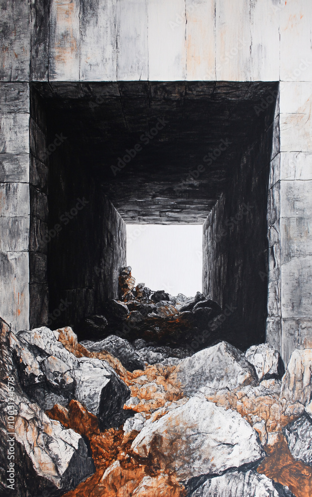 Hyper-realistic square mine portal drawing with repetitive geometric ...