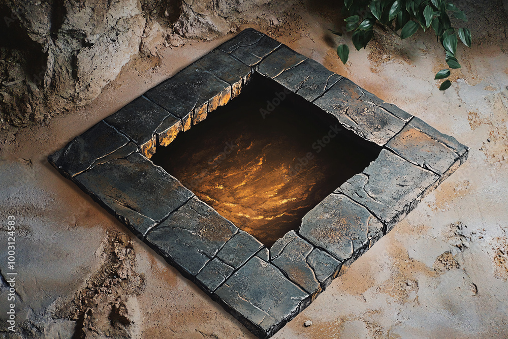 Hyper-realistic square mine portal drawing with repetitive geometric ...