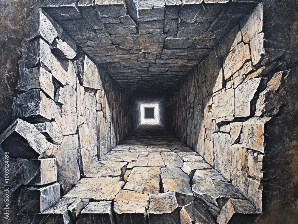 Hyper-realistic square mine portal drawing with repetitive geometric ...