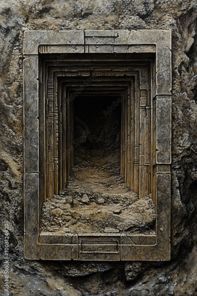 Hyper-realistic square mine portal drawing with repetitive geometric ...