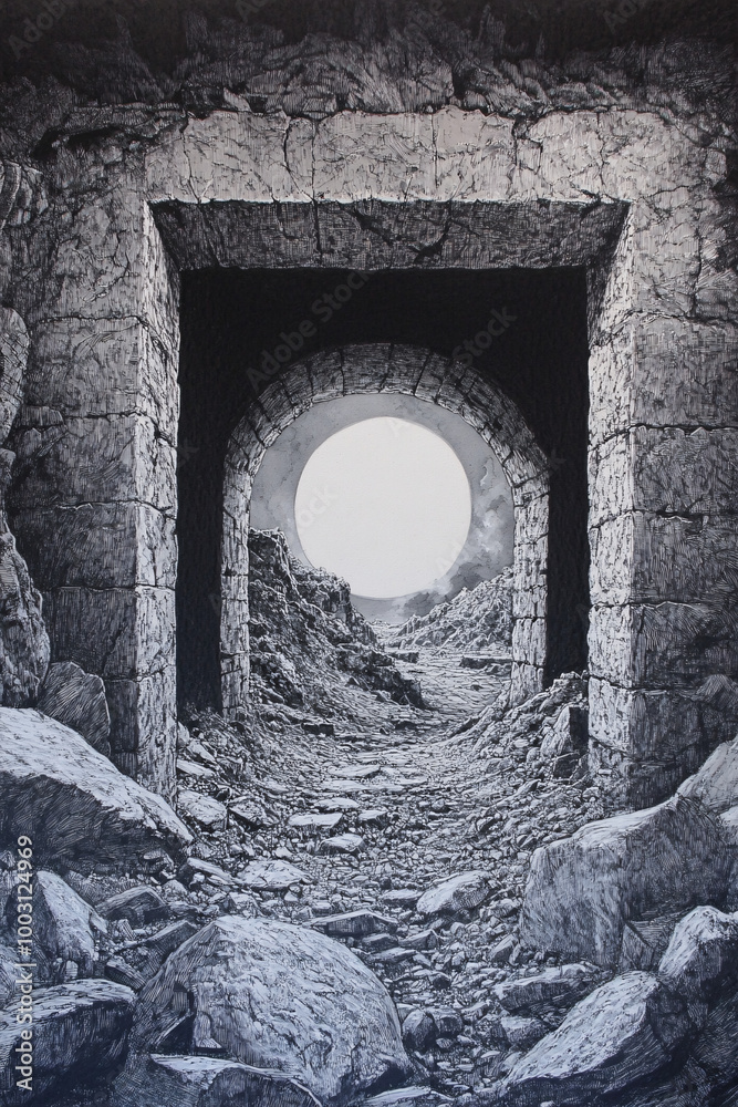 Hyper-realistic square mine portal drawing with repetitive geometric ...