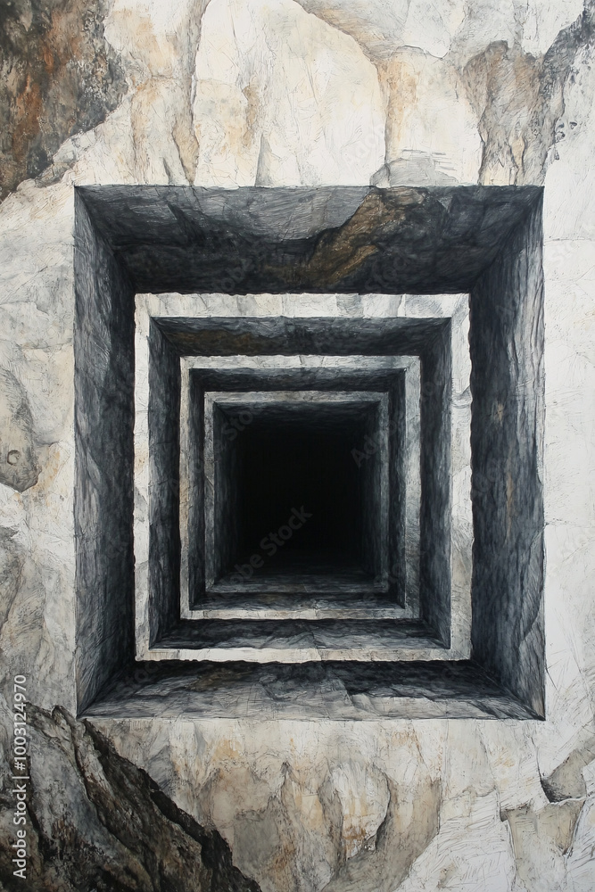 Hyper-realistic square mine portal drawing with repetitive geometric ...