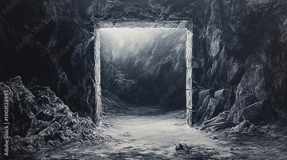Hyper-realistic square mine portal drawing with repetitive geometric ...