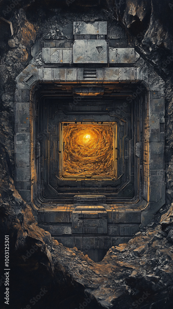 Hyper-realistic square mine portal drawing with repetitive geometric ...