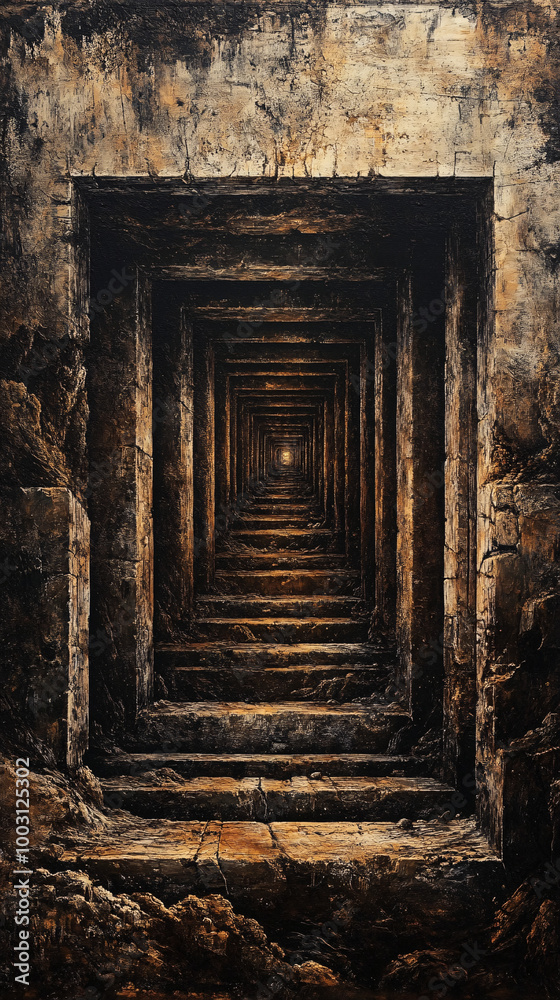 Hyper-realistic square mine portal drawing with repetitive geometric ...
