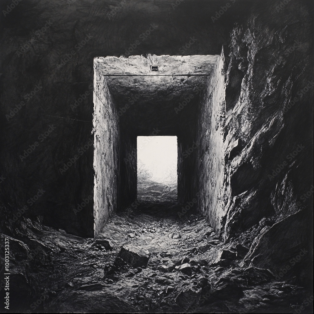 Hyper-realistic square mine portal drawing with repetitive geometric ...
