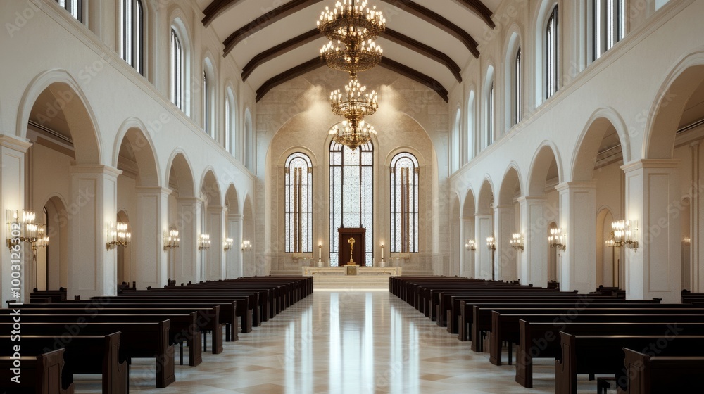 Large synagogue sanctuary with high vaulted ceilings, a grand ...