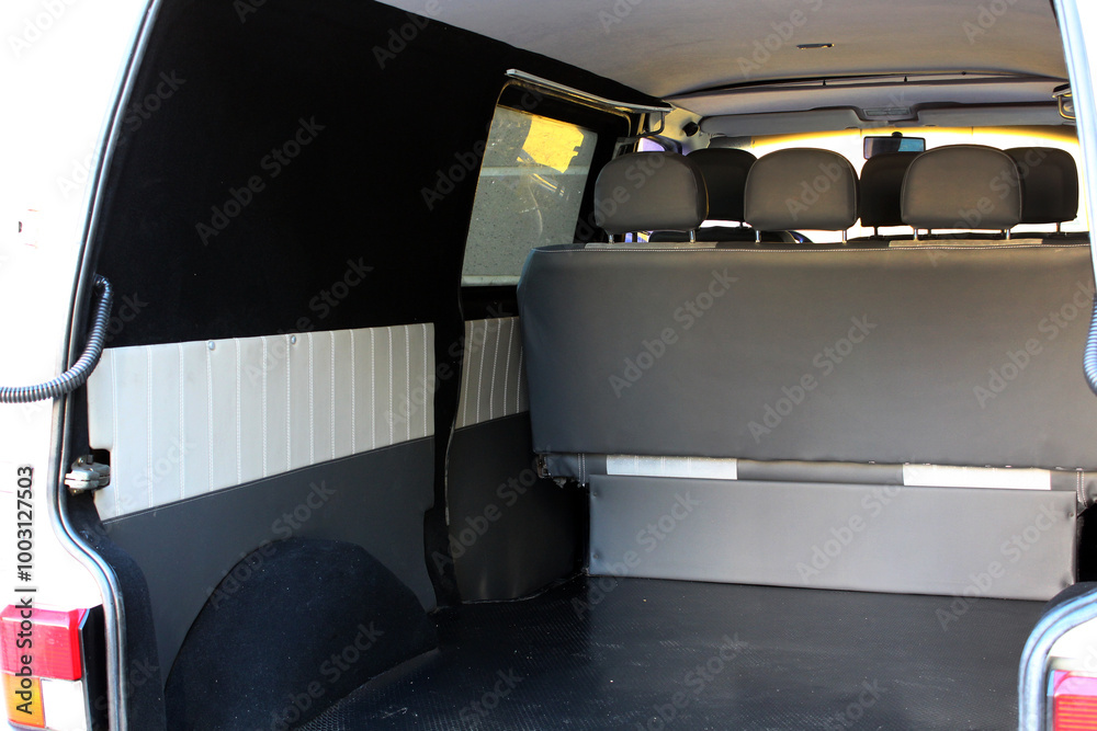 Empty van with rear doors opened. Clean trunk van car. Open back door ...