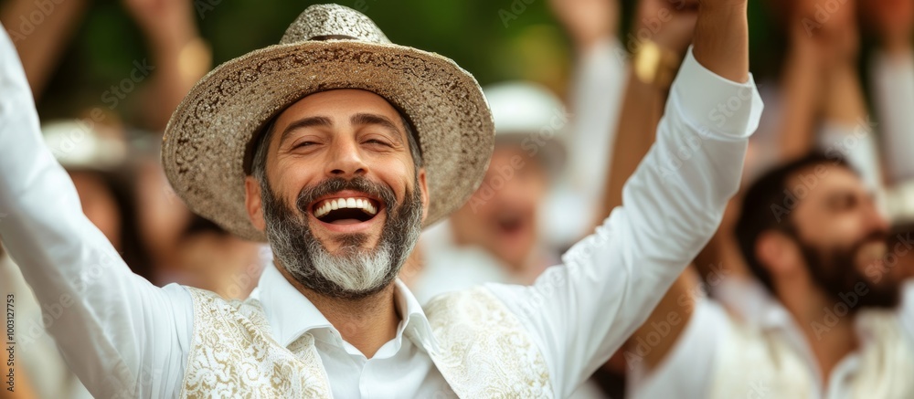 Rabbi holding the Torah during Simchat Torah celebrations, with people ...