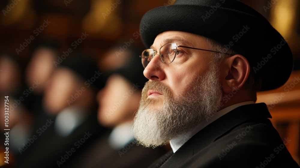 Rabbi standing before the ark, leading a Yom Kippur service, as the ...