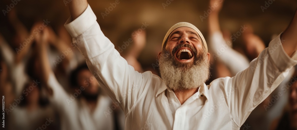 Rabbi holding the Torah during Simchat Torah celebrations, with people ...