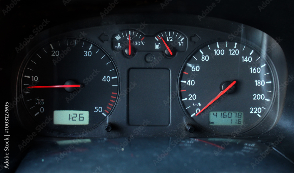 Car speedometer, close up. Speedometer of an old car with high mileage ...