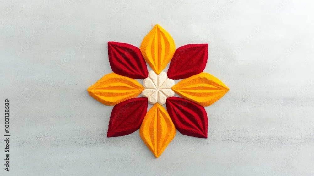 Simple geometric Rangoli design using colored powders in red, orange ...