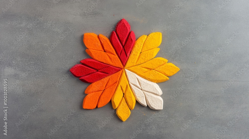 Simple geometric Rangoli design using colored powders in red, orange ...