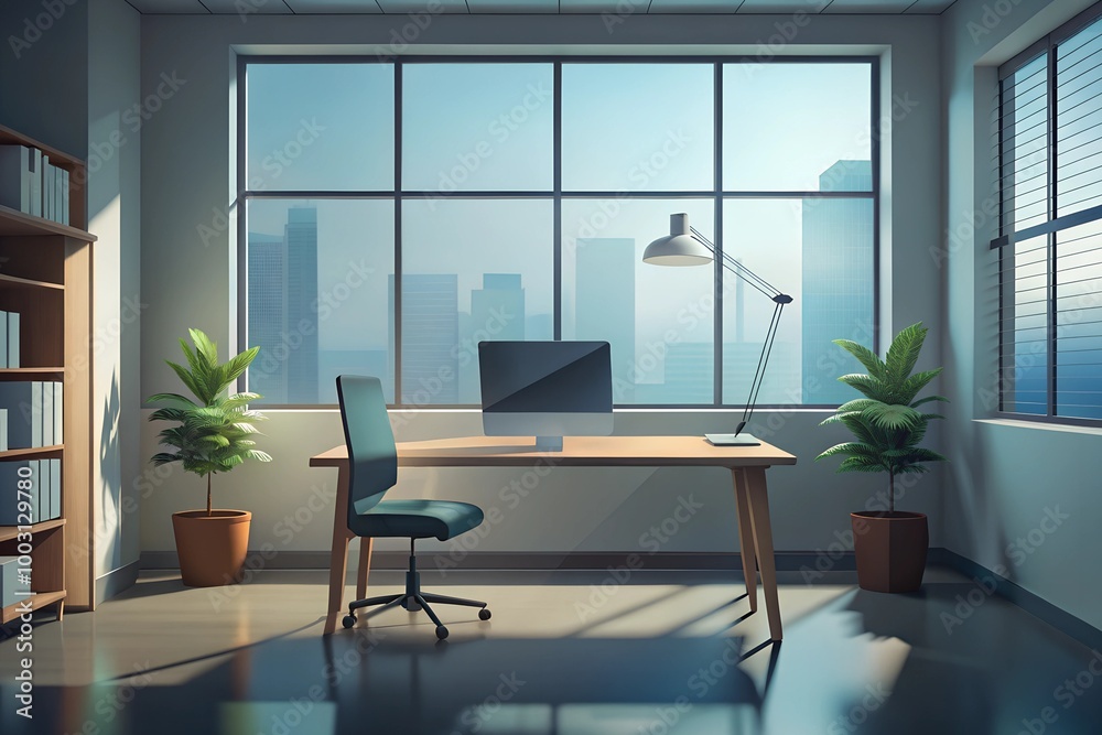 Interior empty office room with computer, workplace with desktop and ...