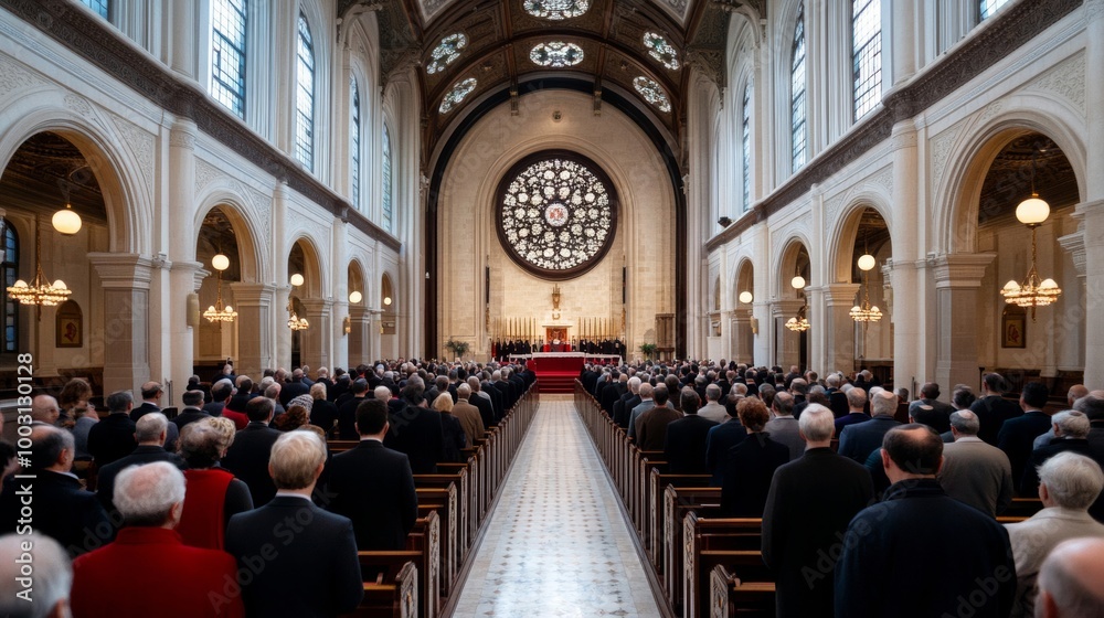 Synagogue filled with people standing for the Yom Kippur service, with ...