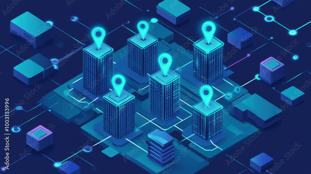 Digital representation of multiple data center locations with glowing ...