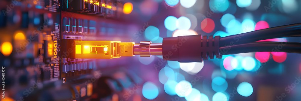 Closeup of an internet cable being plugged into the back end of a ...