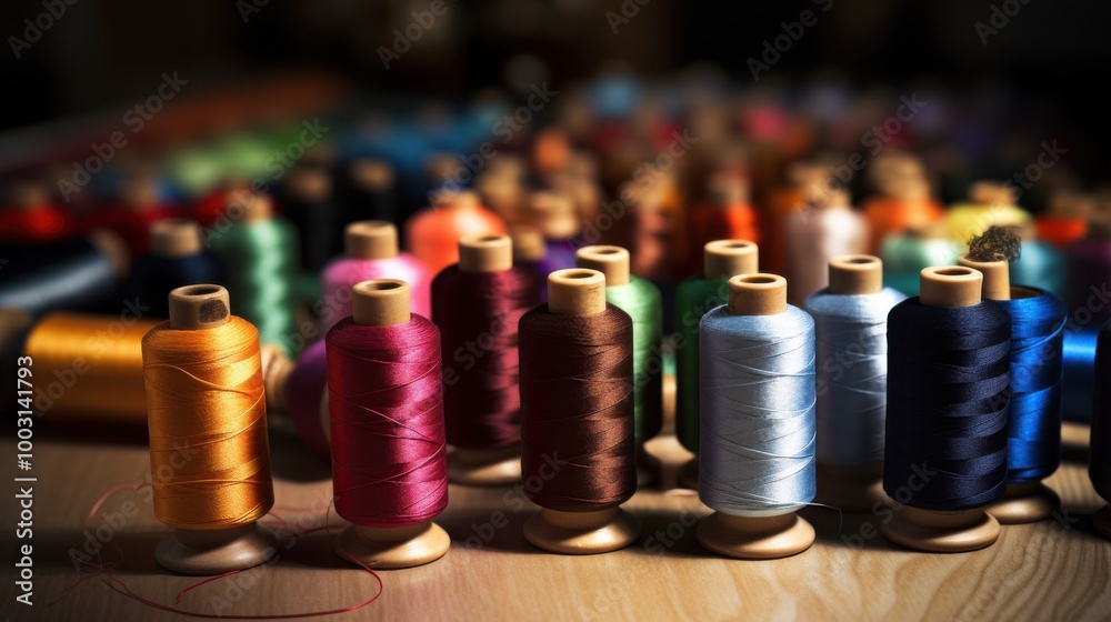 Brightly colored spools of thread lined up in a vibrant and organized ...