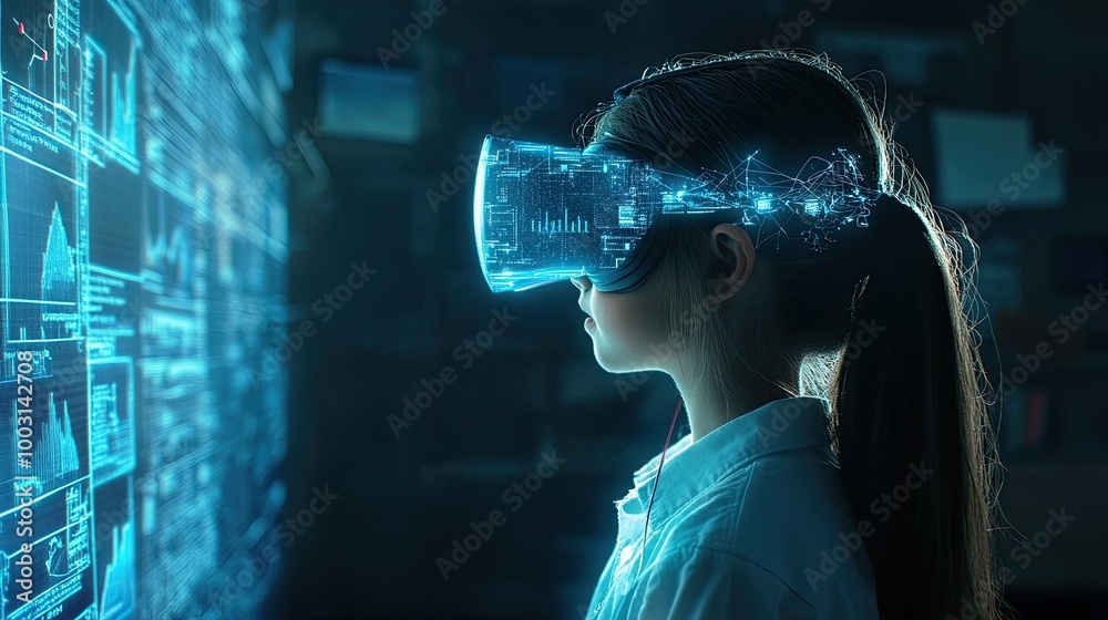 School student with VR headset using AI artificial intelligence ...