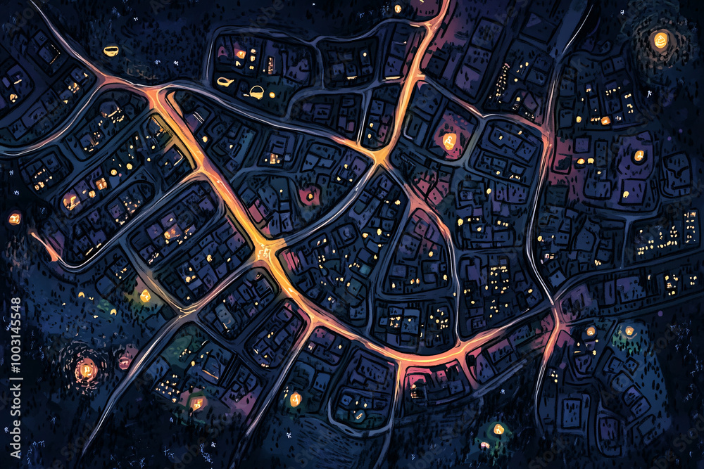 An illustrated city map at night with glowing streets and buildings, showing a bird's-eye view ...