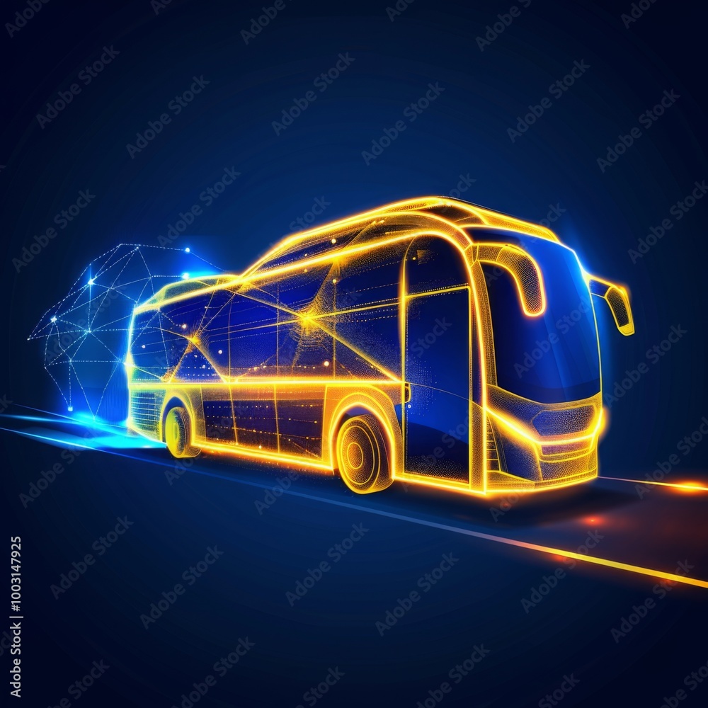 Digital golden high-speed bus in low poly wireframe, the future of ...
