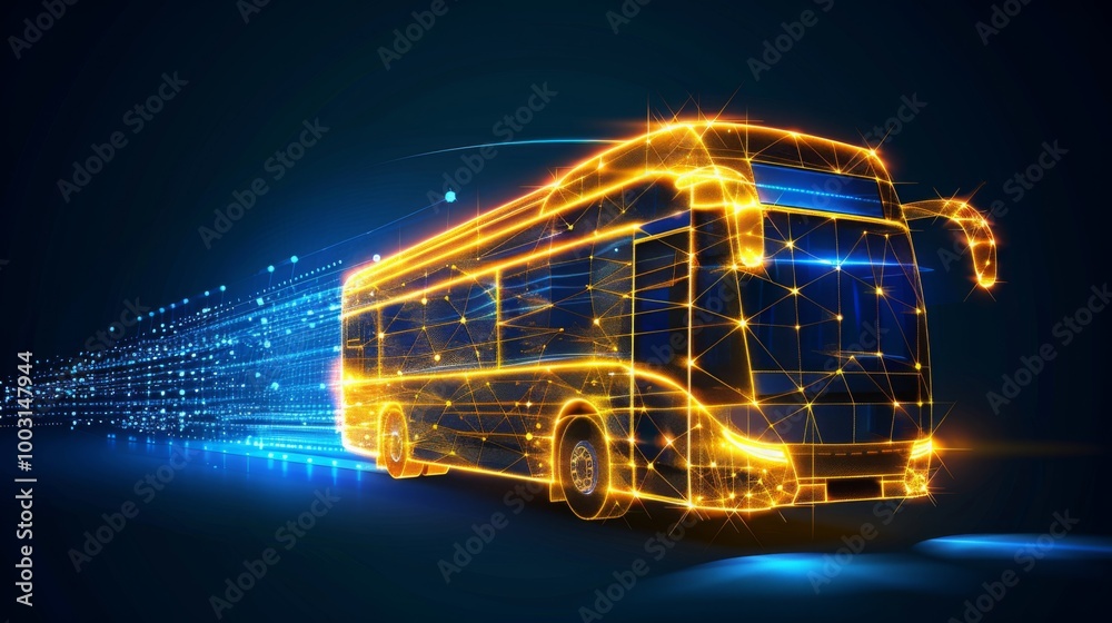 Digital golden high-speed bus in low poly wireframe, the future of ...