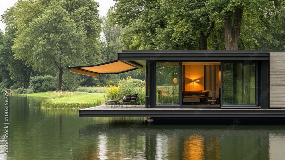 Tiny modular house on wheels by the serene lakeside with an extended ...