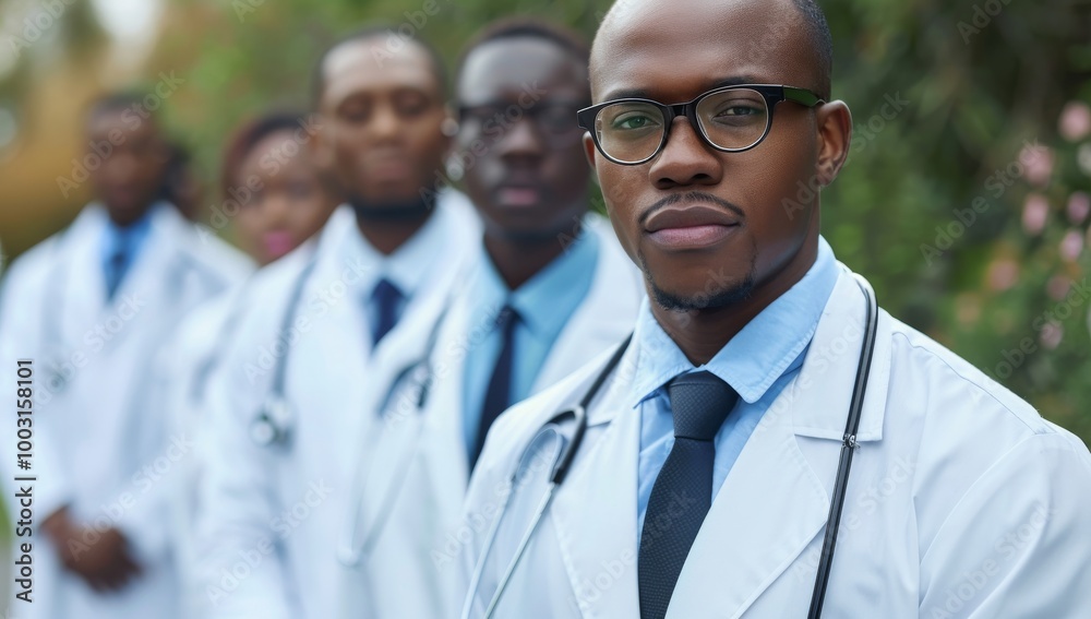 Group of doctors standing in line, a close-up shot with a blurred ...