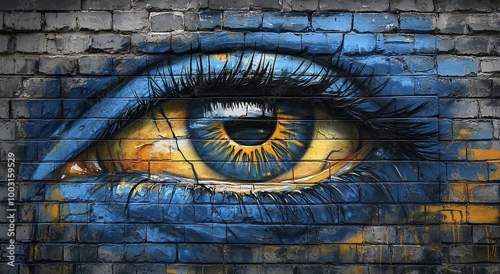 A detailed view of vibrant street art on weathered brick reflects ...