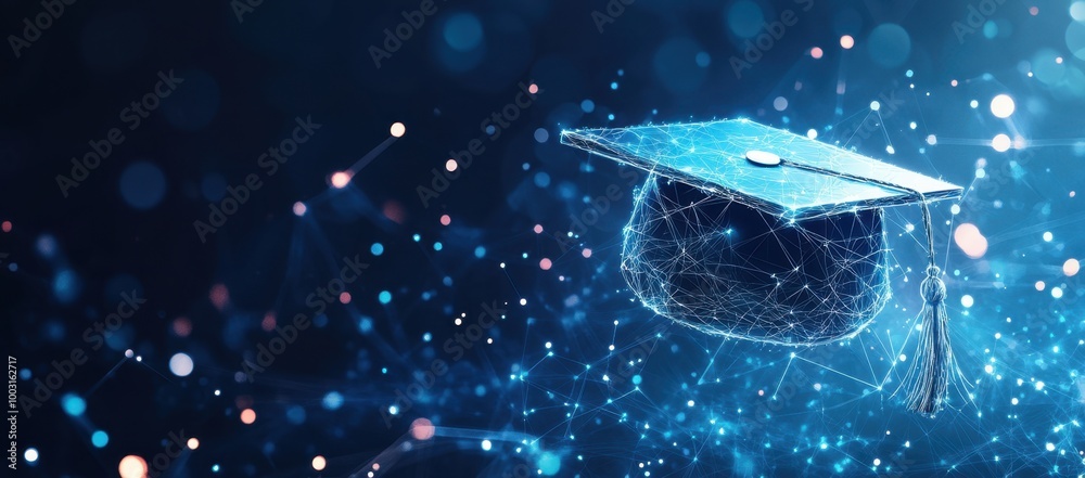 Digital artwork of a graduation cap made from glowing digital ...