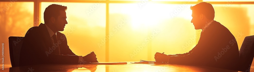 A job interview scene in a well-lit office with an interviewer taking ...