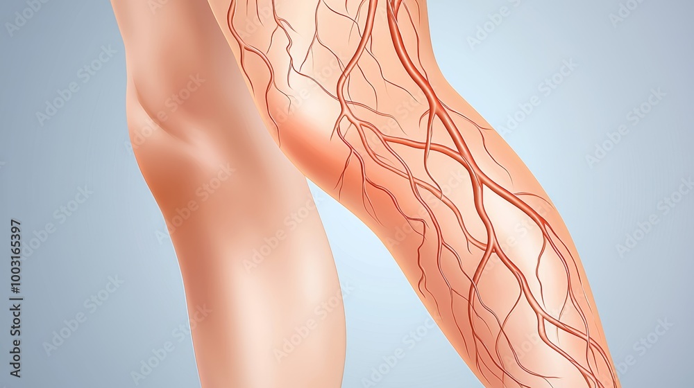 A close-up of a leg showing the early stages of varicose veins, with ...