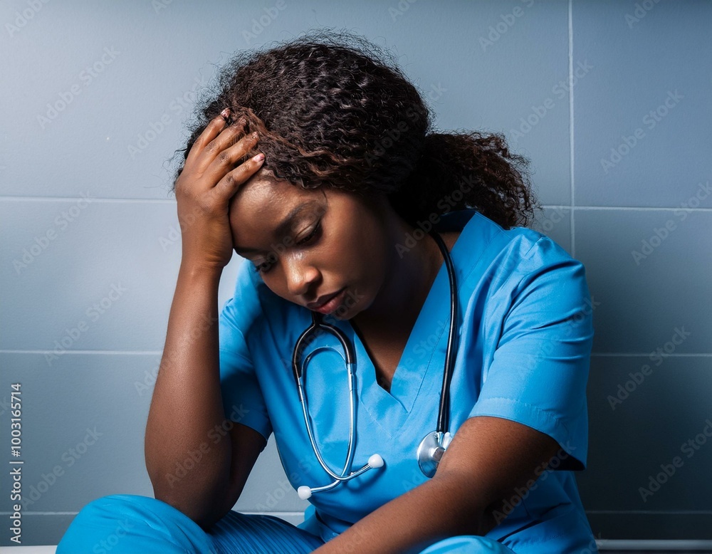 Overworked, burnt out, depressed and tired black woman nurse sits on ...