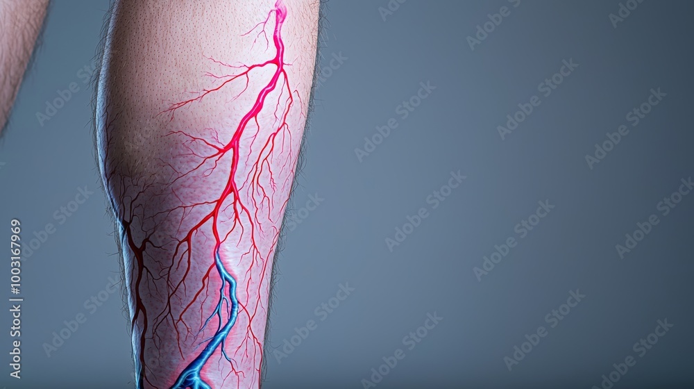 A leg with varicose veins near the shin, showing large veins twisting ...