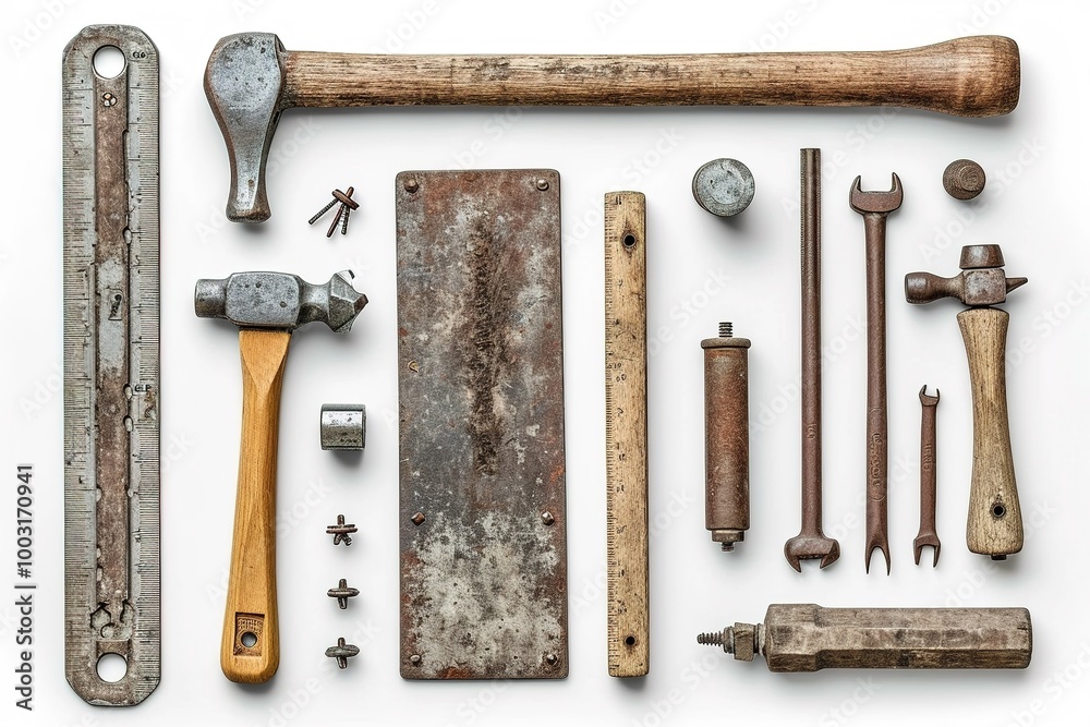 collection of vintage tools, hammer, chisel, screwdriver, grippers, awl ...