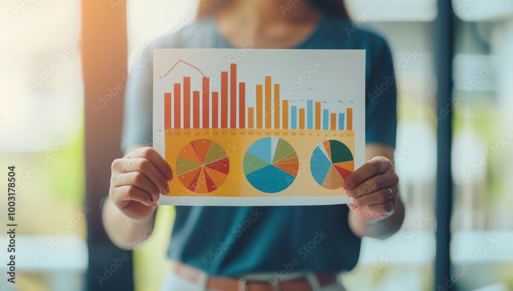 Person holding up an old-fashioned paper chart with colorful graphs and ...
