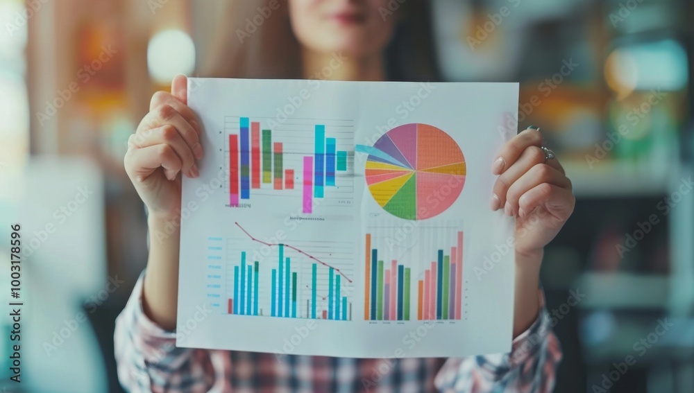 Person holding up an old-fashioned paper chart with colorful graphs and ...