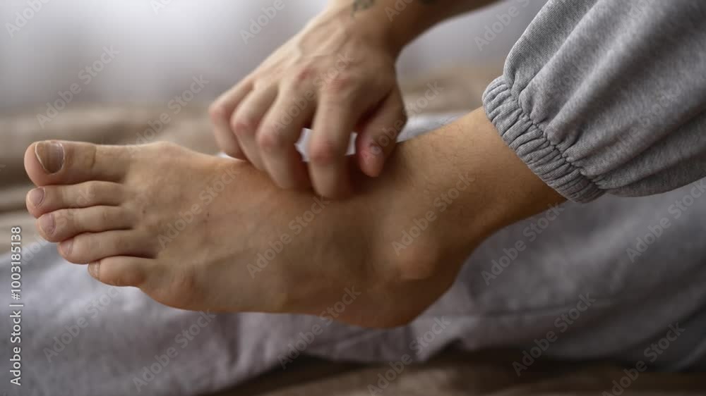 Itchy feet. Fungal infection on the legs. Sore legs. A man scratches ...