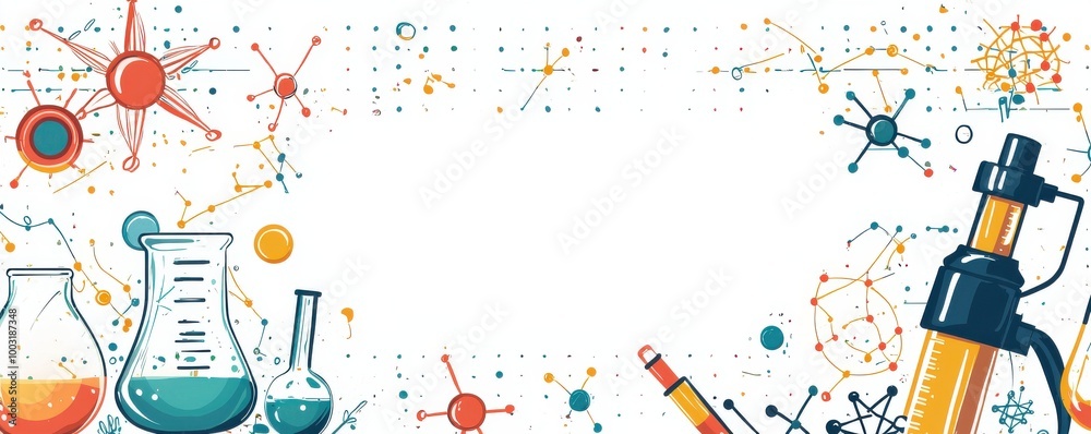 Science-themed border with colorful laboratory glassware and molecular ...
