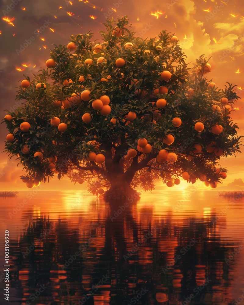 Majestic orange tree growing in a calm water reflection under a ...