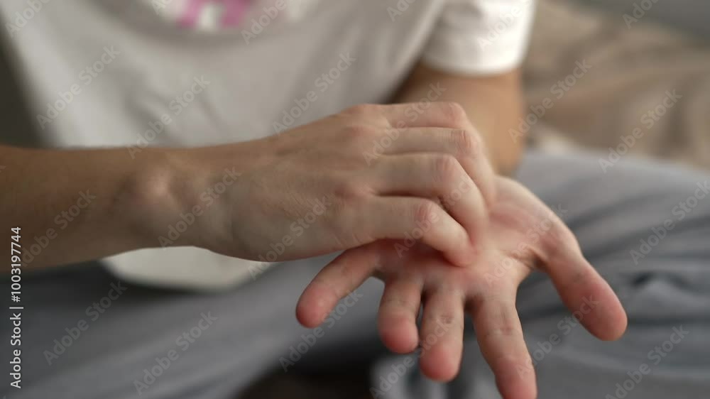 A man scratches his hand. Itching on the palm. Lodon close-up. Allergy ...