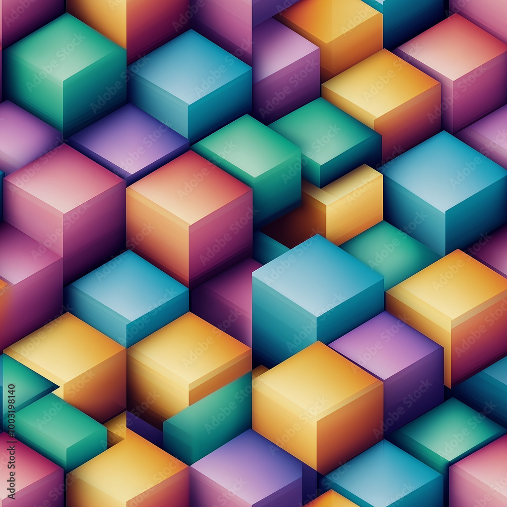Seamless retro isometric 3D cube patterns with vibrant pixel art style ...