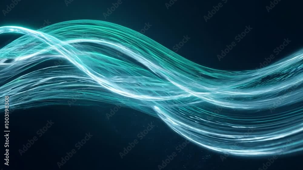 Turquoise light trails flow gracefully against a black background, with ...