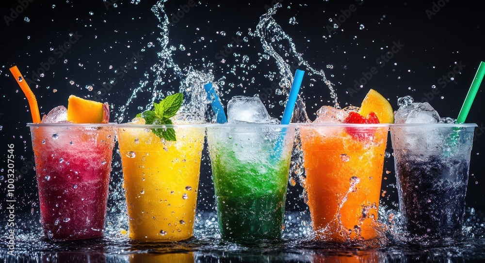 Colorful photograph of slushies in plastic cups with straws and fruit ...